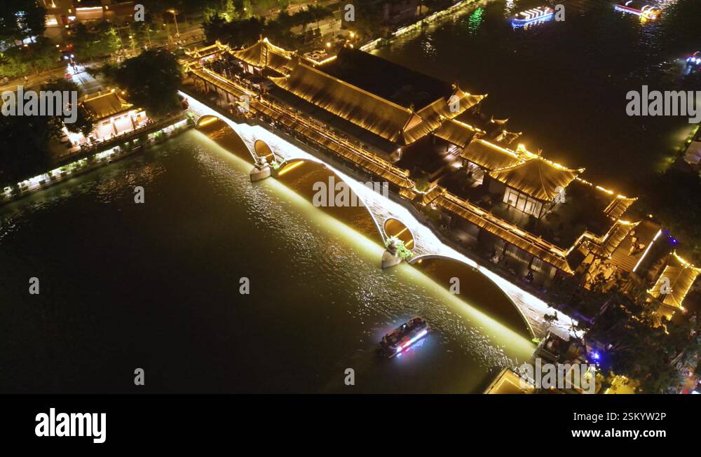 Anshun Bridge Illuminated at Night in Chengdu, China Stock Video ...