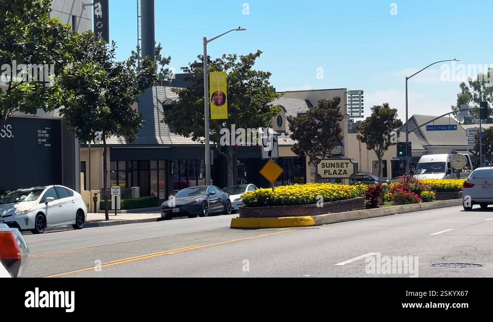 Sunset Plaza on Sunset boulevard as cars pass by; static shot across ...