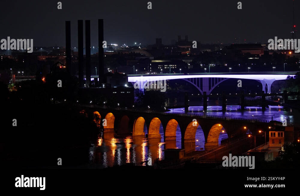 Night View Of Stone Arch Bridge With I-35W Saint Anthony Falls Bridge ...