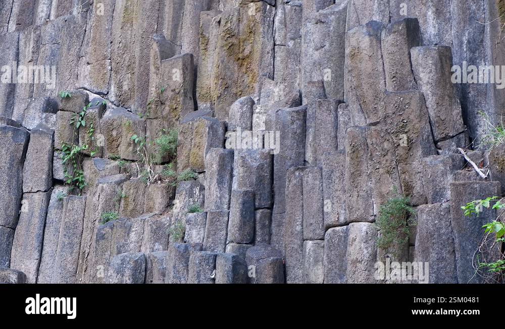 Nature geological formation columnar Basalt rock cliff, pan tilt down ...