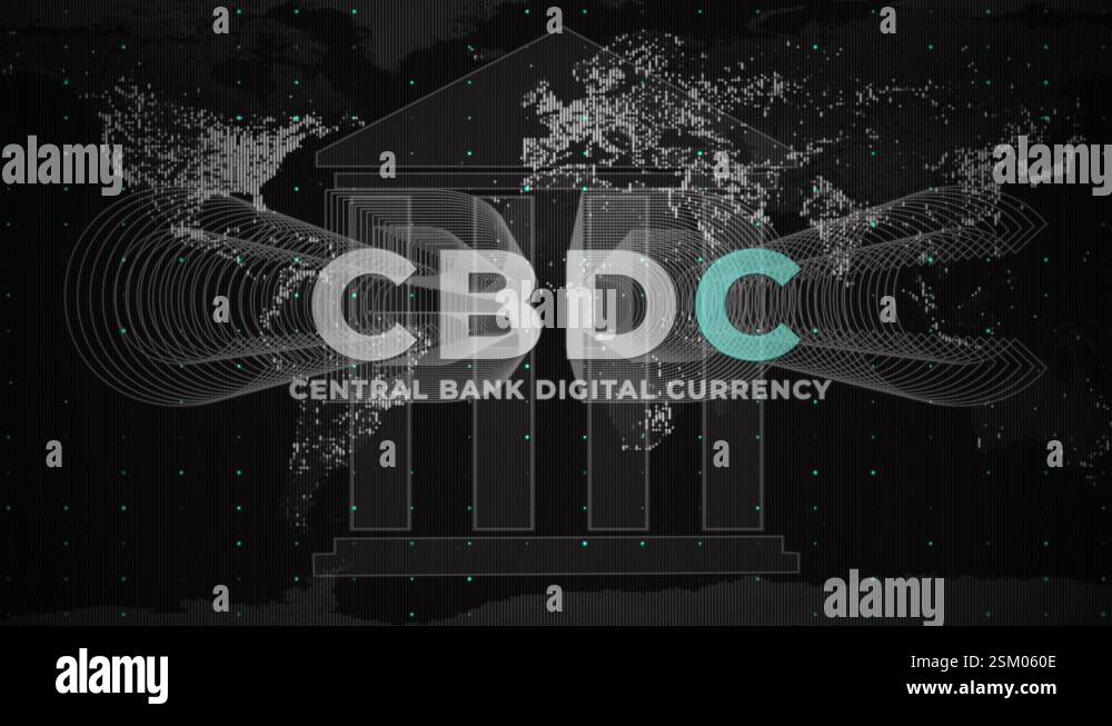 Central bank digital currency (CBDC) text on a world map background ...