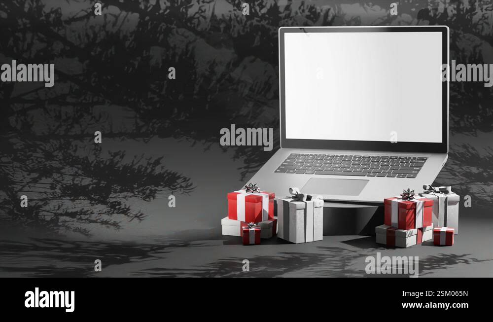 3d animation of new modern laptop black screen on gift boxes for Stock ...