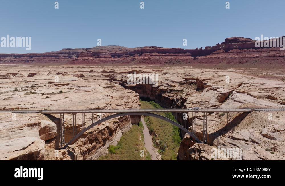 Car pulling the Trailer over the Hite Crossing Bridge in Hite, Utah ...