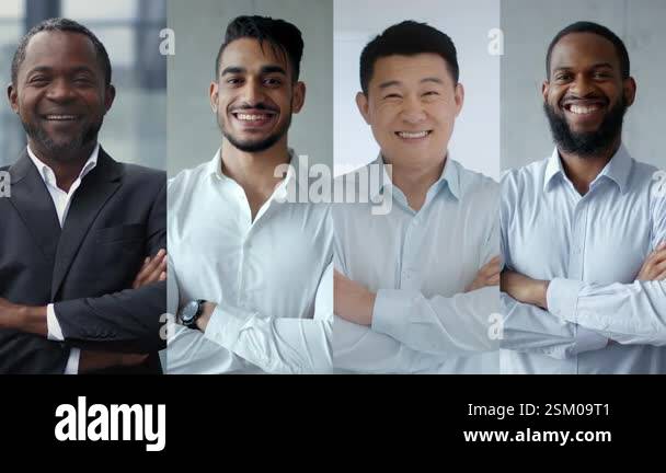 A diverse group of four men stands side by side, each wearing smart ...