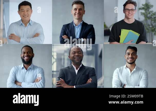 A diverse group of six professionals poses confidently in a ...