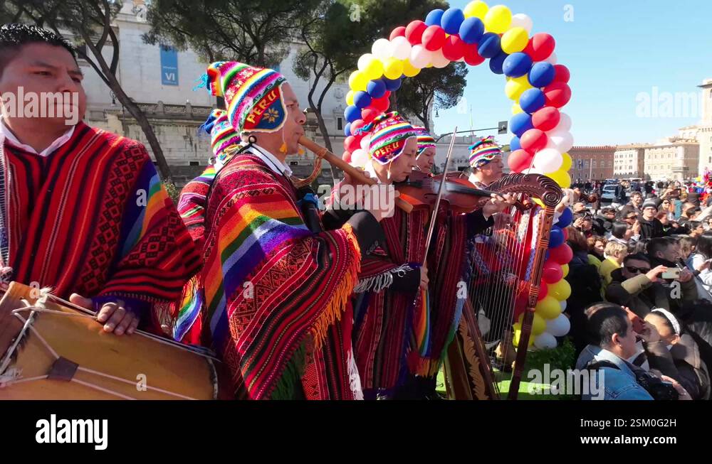 Andean Peruvian band playing during a Latin American carnival in Rome ...