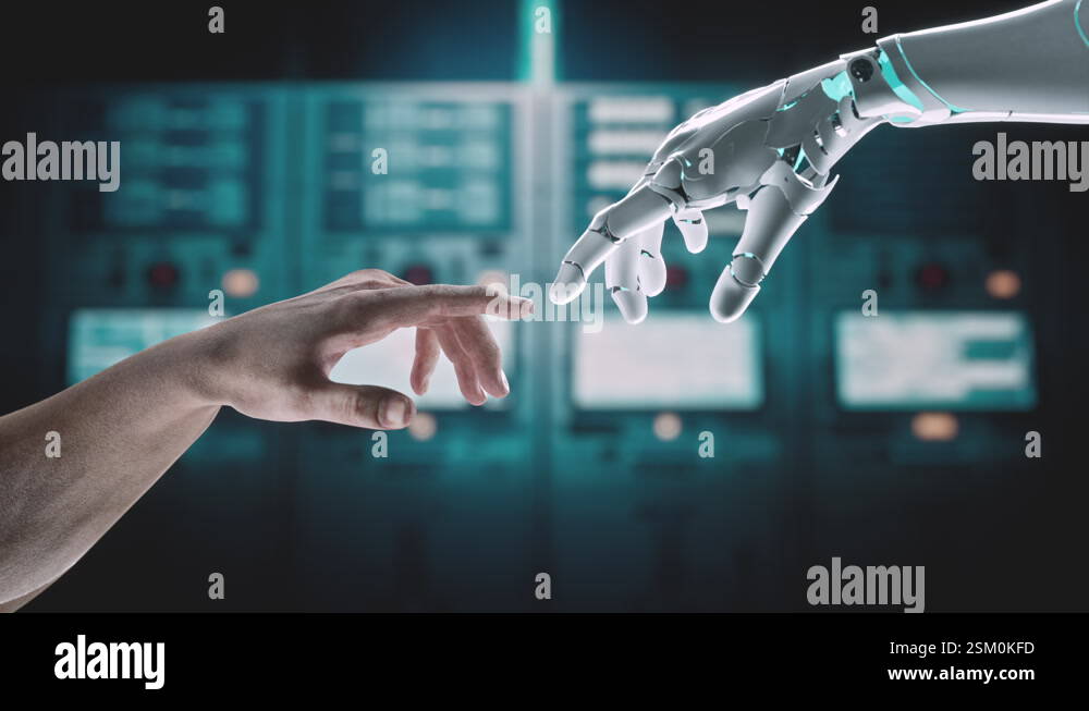 AI Robot Hand Reaching Out To A Human Hand In A Dark Room Workshop ...