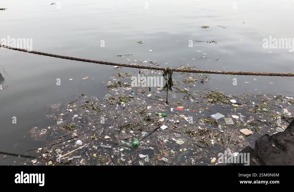 Floating plastic and other garbage on the surface of the water in port ...