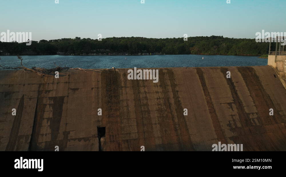 Flyover above the majestic Zumbro Lake and hydroelectric dam from the ...