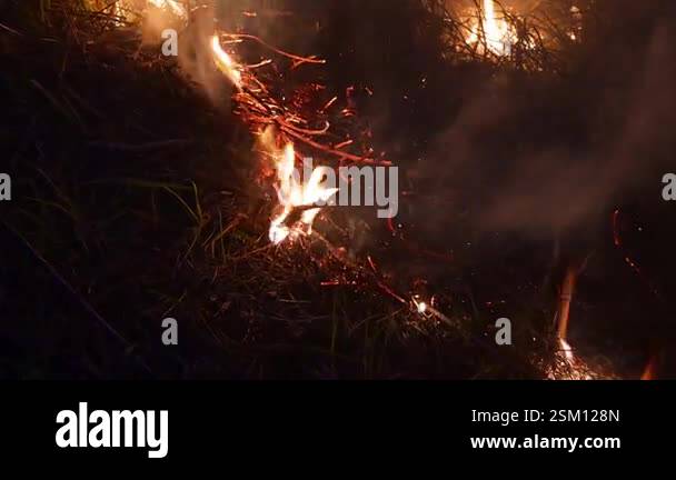 Flames spread through dry grass, creating bright orange and yellow fire ...