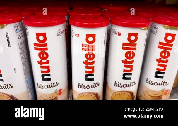 Italy - February 08, 2025: Ferrero Nutella Biscuits, tracking shot on ...