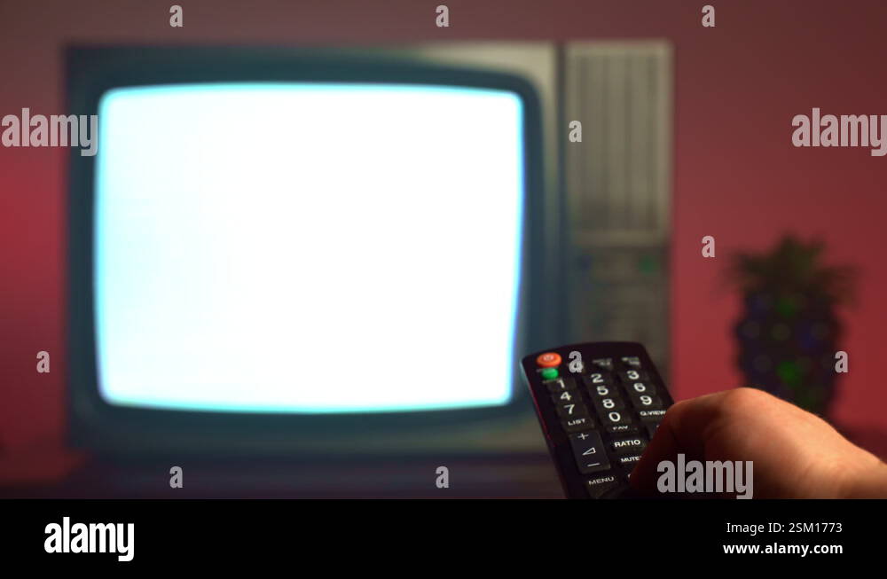 Important news transmission on retro TV with bad satellite signal, man ...