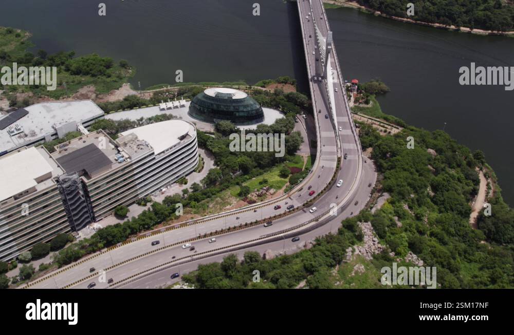 Drone shot of the Durgam Cheruvu Cable Bridge on the Durgam Cheruvu ...