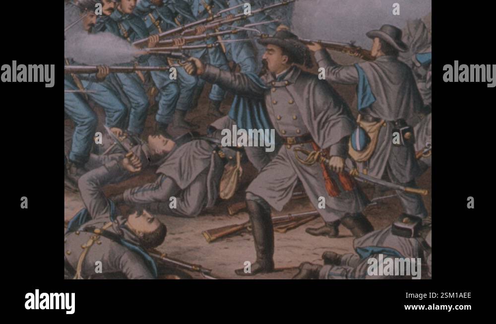 1960s: Painting of soldiers from opposing sides in battle Stock Video ...