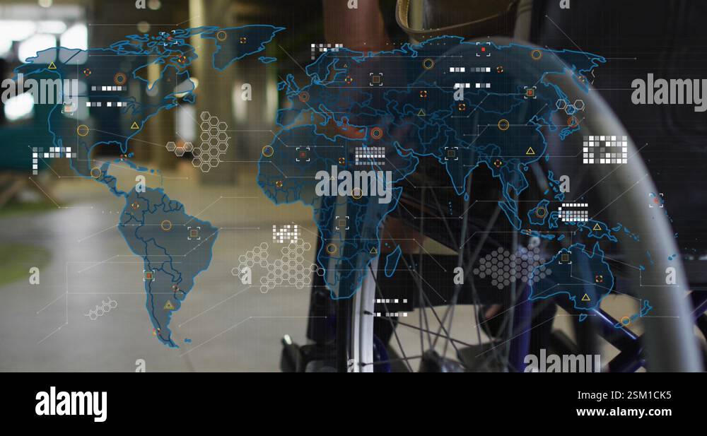 Animation of world map against low section of a disabled woman on ...