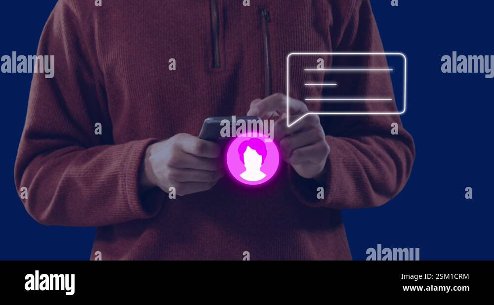 Animation of neon profile and message icon against mid section of man ...