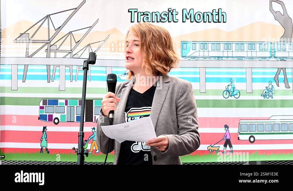 4K HD video of Rebecca Saltzman speaking at TFP Transit Rally Stock ...