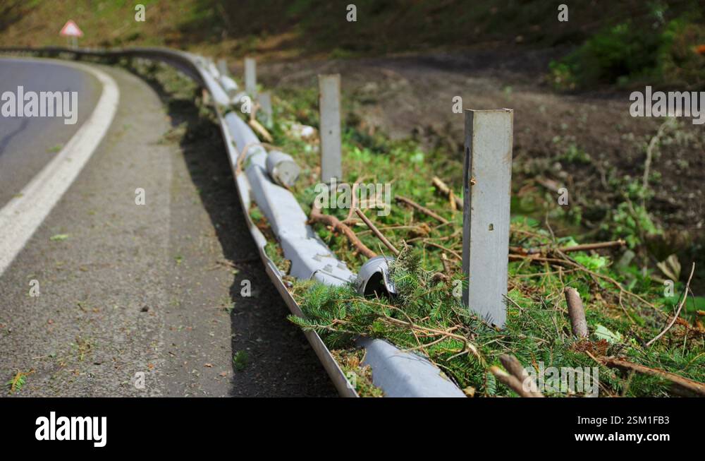 Guardrail ripped off of metal support beams on side of road from ...