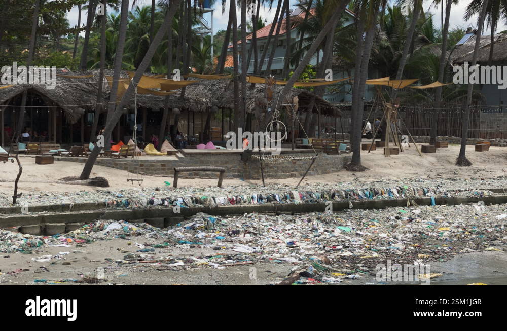 Marine debris wash up on palm tree coast of Ham Tien vietnam after ...