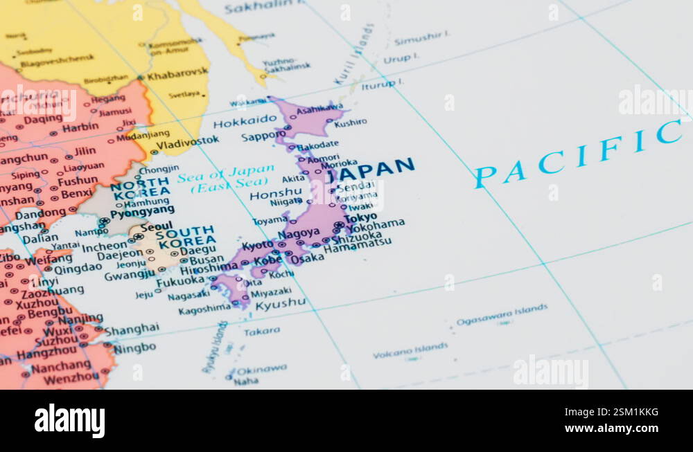 Close-up of the country word Japan on a world map with the detailed ...