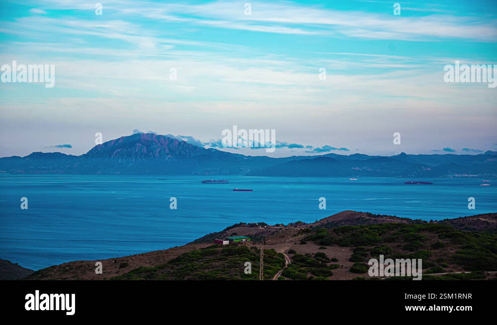 Container ships crossing the Strait of Gibraltar as seen from the Spain ...