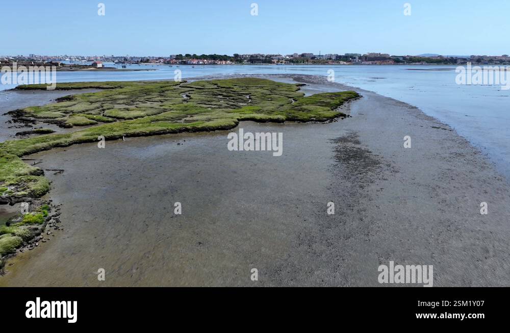 Drone shot flying low over water and birds island near corrois and ...