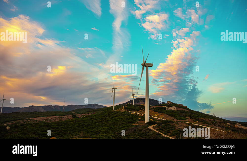 Wind turbines overlooking the Strait of Gibraltar - sunset time lapse ...