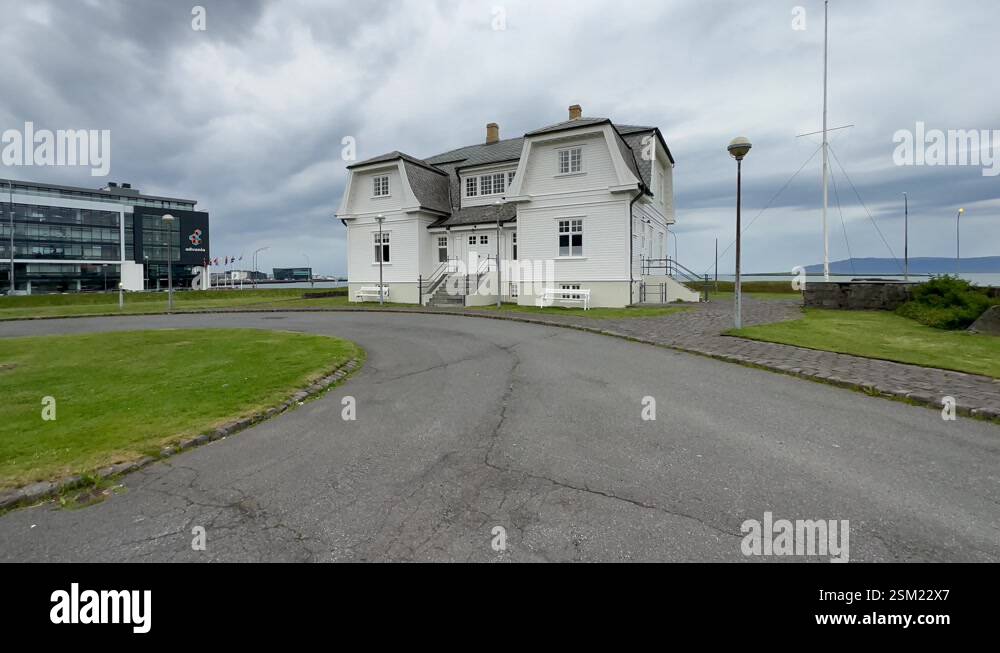 Panning view of Höfði (Hövdi, Hovdi) house in Reykjavik, where Mikhail ...