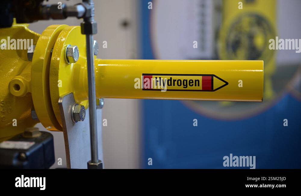 The word hydrogen on a yellow pipe which is part of a demonstrator of ...