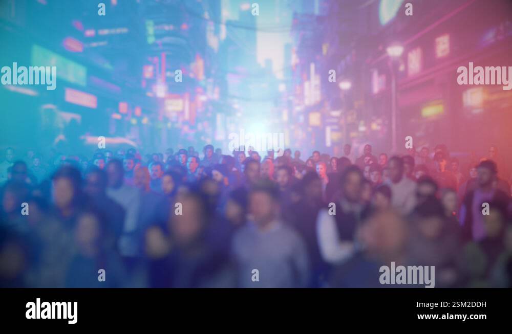 Crowd of people moving in big futuristic night city. Crowds in huge ...