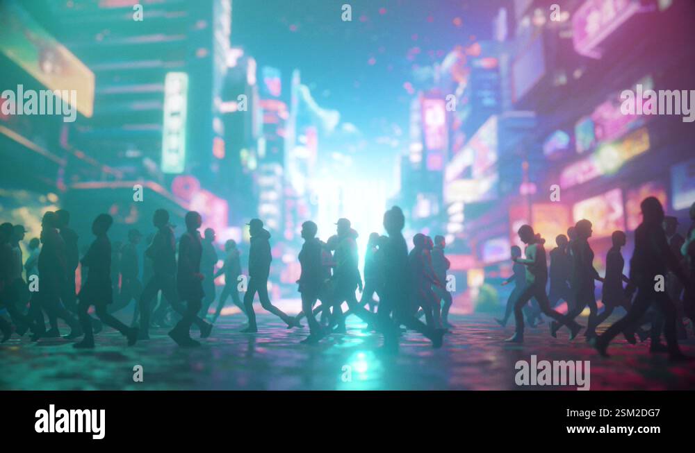 Crowd of people moving in big futuristic night city. Crowds in huge ...