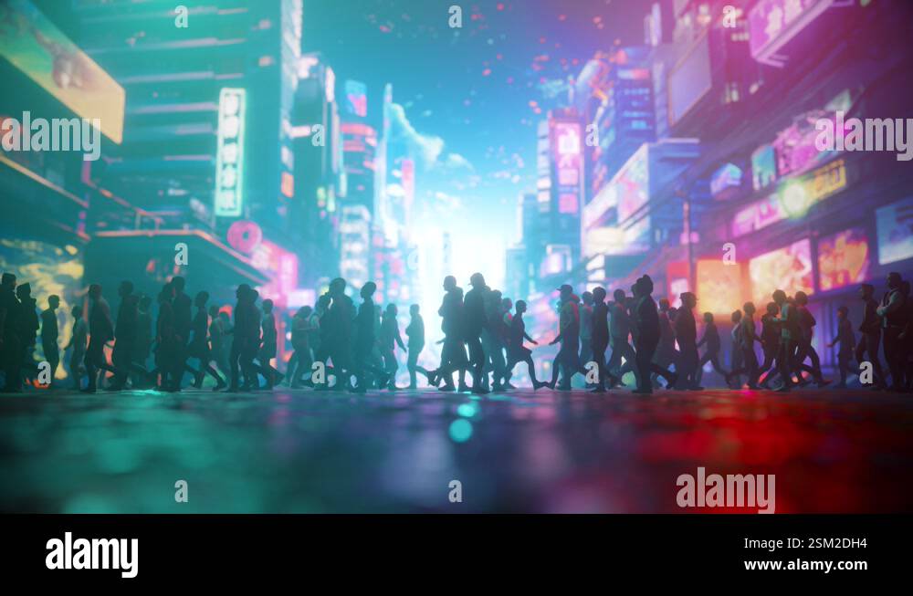 Crowd of people moving in big futuristic night city. Crowds in huge ...