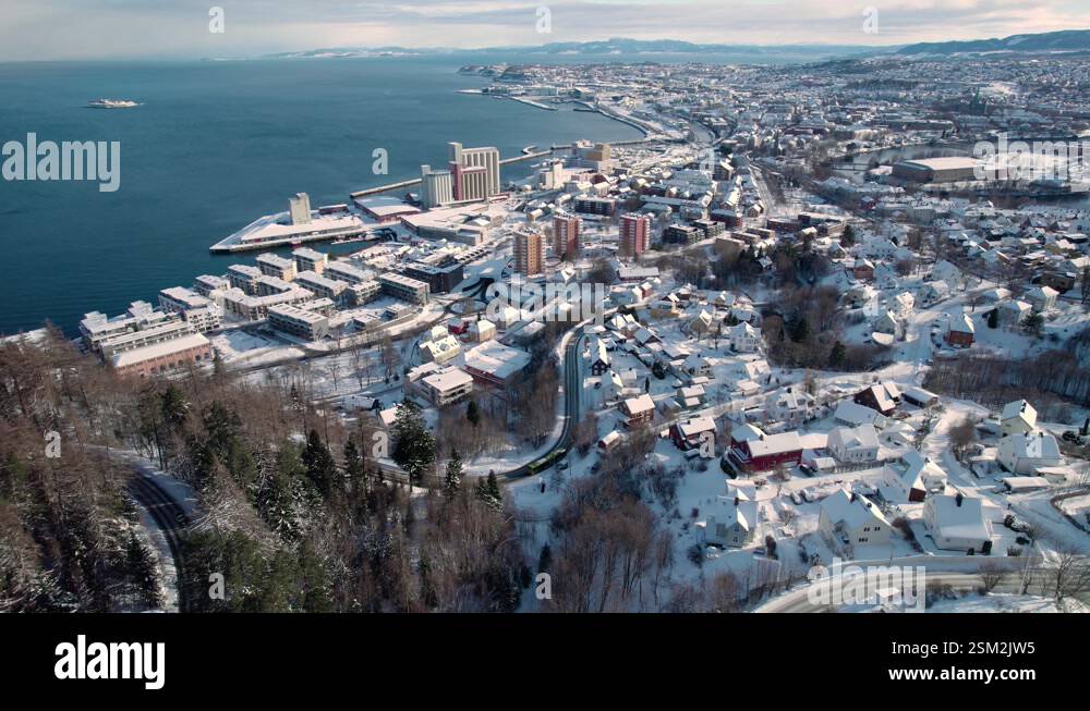 Aerial View of Trondheim Town, Norway on Cold Winter Morning, Snow ...
