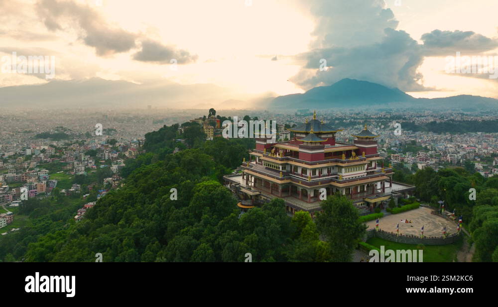 Golden Hour Drone flies Kapan Buddhist Monastery Kathmandu Nepal ...