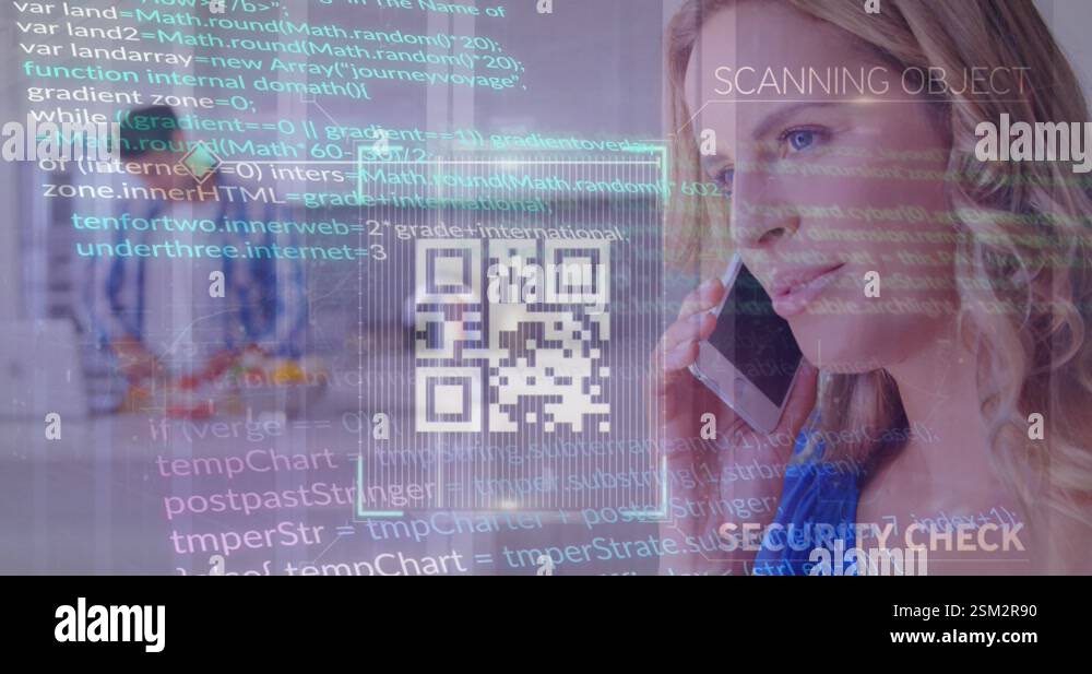 Animation of qr code and computer language over caucasian woman talking ...