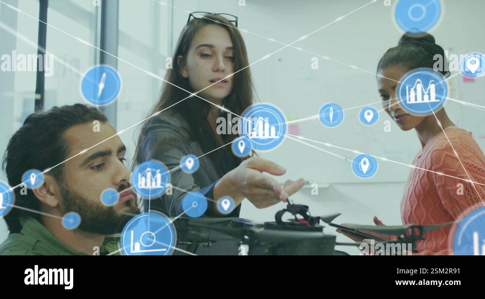 Animation of connected icons over diverse coworkers sharing ideas in ...