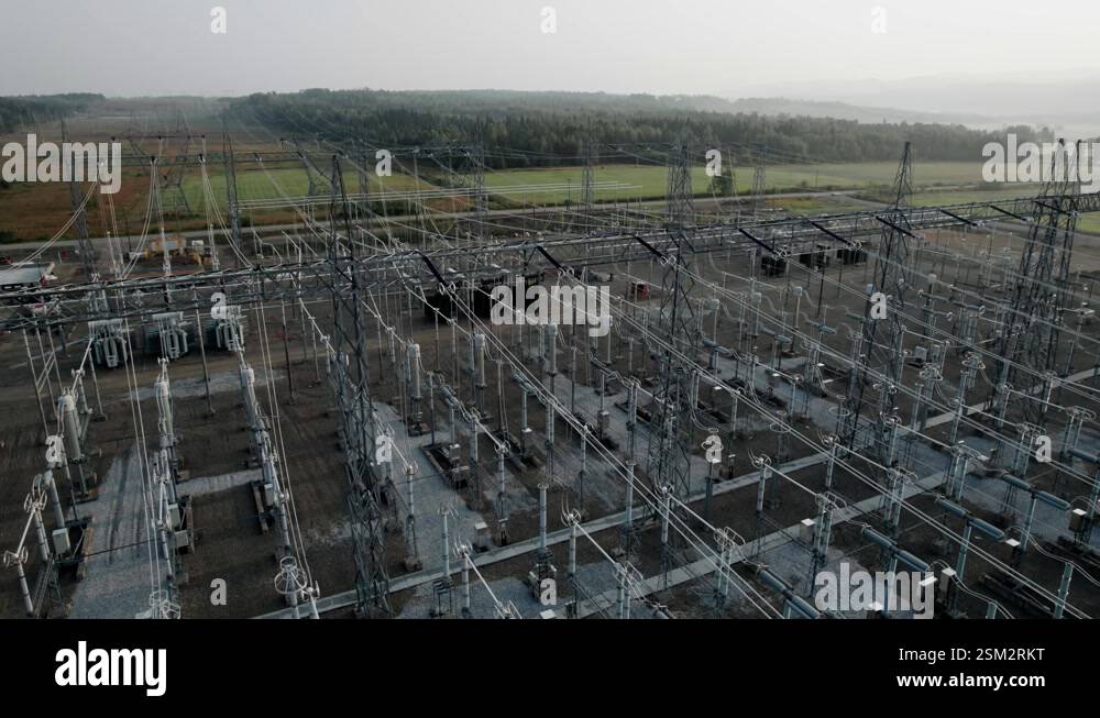 High Voltage Electrical Substation. View From Flying Drone. Power Plant ...