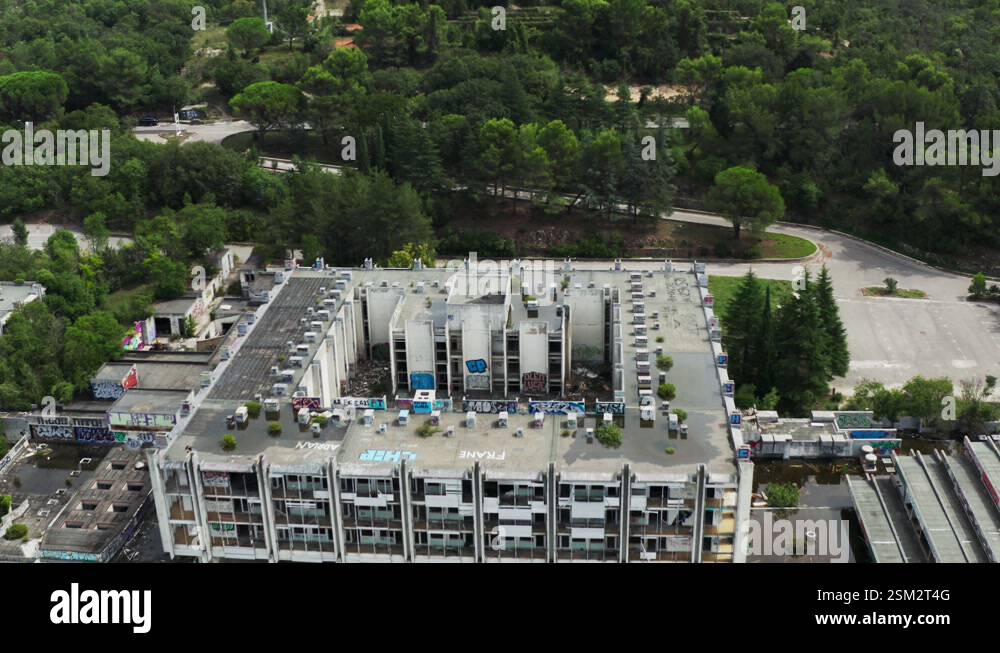 Fly Over Dilapidated Structure Of Haludovo Abandoned Hotel In Malinska ...