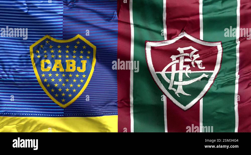 A waving flag of Boca juniors vs Fluminense, Football soccer South ...