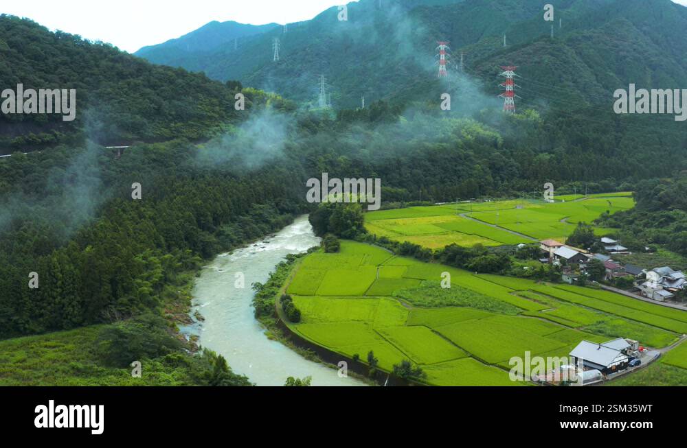 Landscape of Shikoku Japan, Aerial Tilt of Rural Town and Farms Stock ...