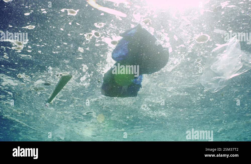 Water surface in ocean is covered with layer of fat and plastic debris ...