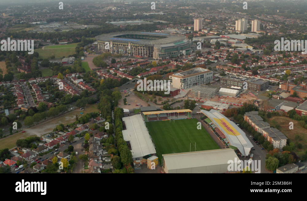 Dolly back aerial shot over Twickenham stadium and stoop Stock Video ...
