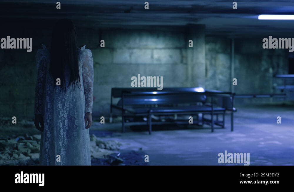 Mysterious woman with long dark hair standing in a basement, creepy ...