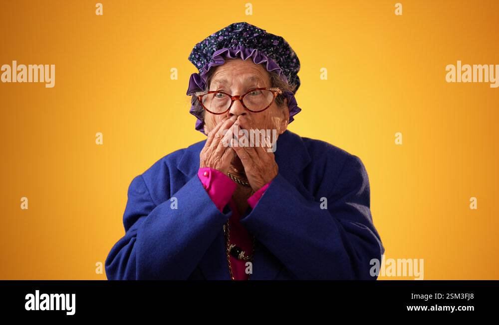Portrait of toothless elderly senior old woman with wrinkled skin ...