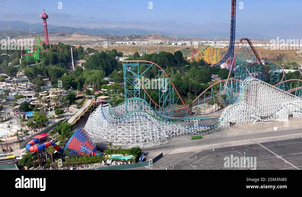 Six Flags Magic Mountain Amusement Park without people - sliding aerial ...