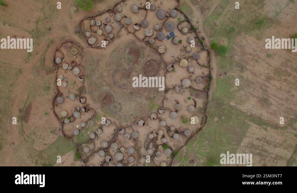 Rural and typical circular village of native tribe in Karamoja region ...