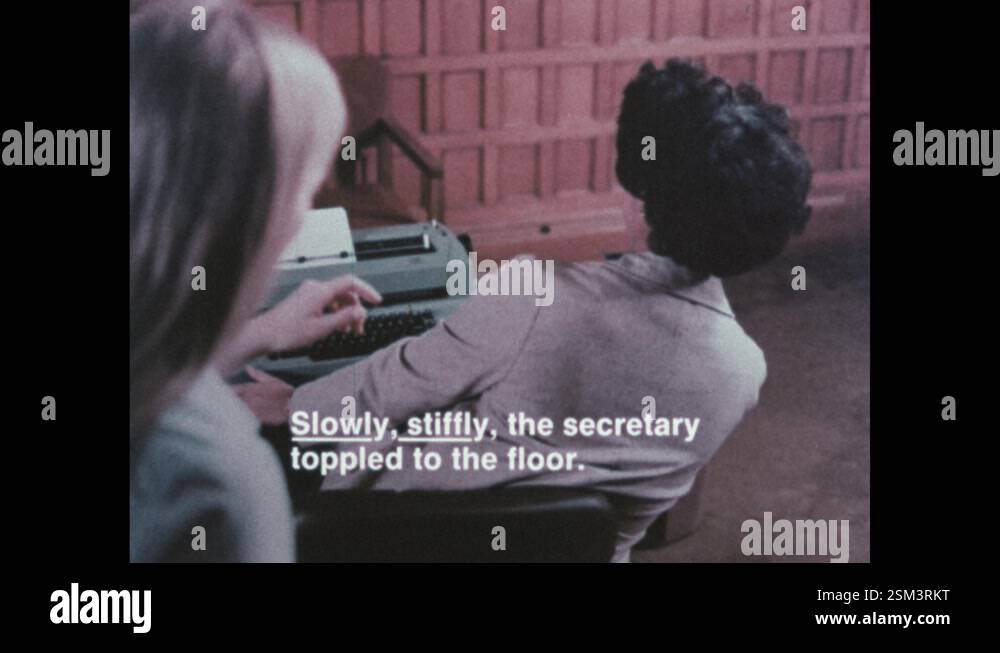 1980s: Still images with text on screen, woman falling from desk, woman ...