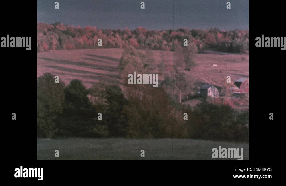 1980s: View of forest canopy with autumn leaves. Farm with barn and ...