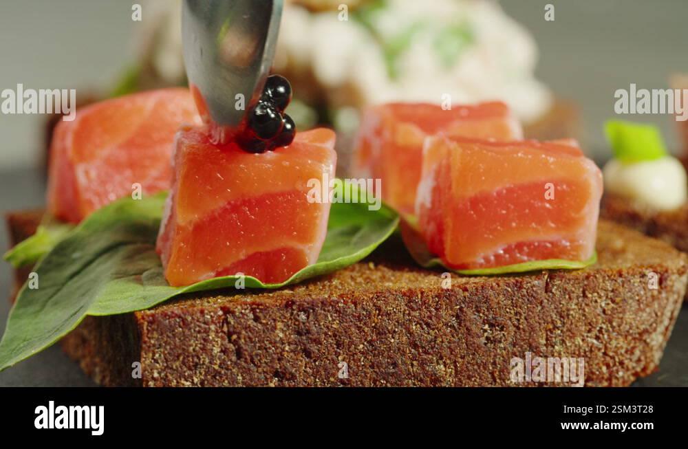 Smorrebrod, traditional Danish Scandinavian open sanwiches with fish ...