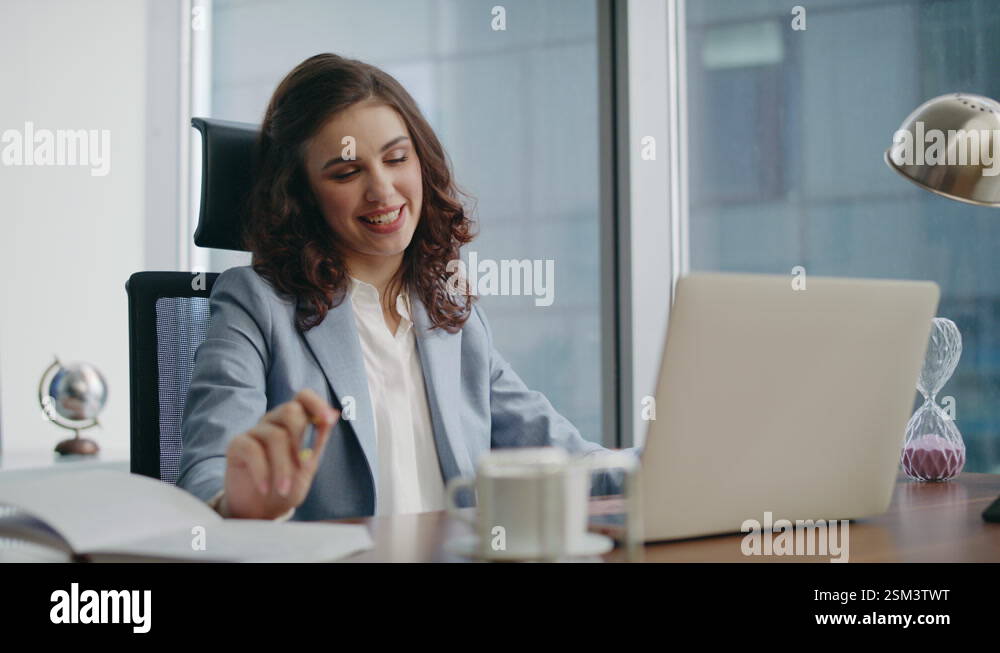 Woman consultant talking video meeting at laptop proposing services ...
